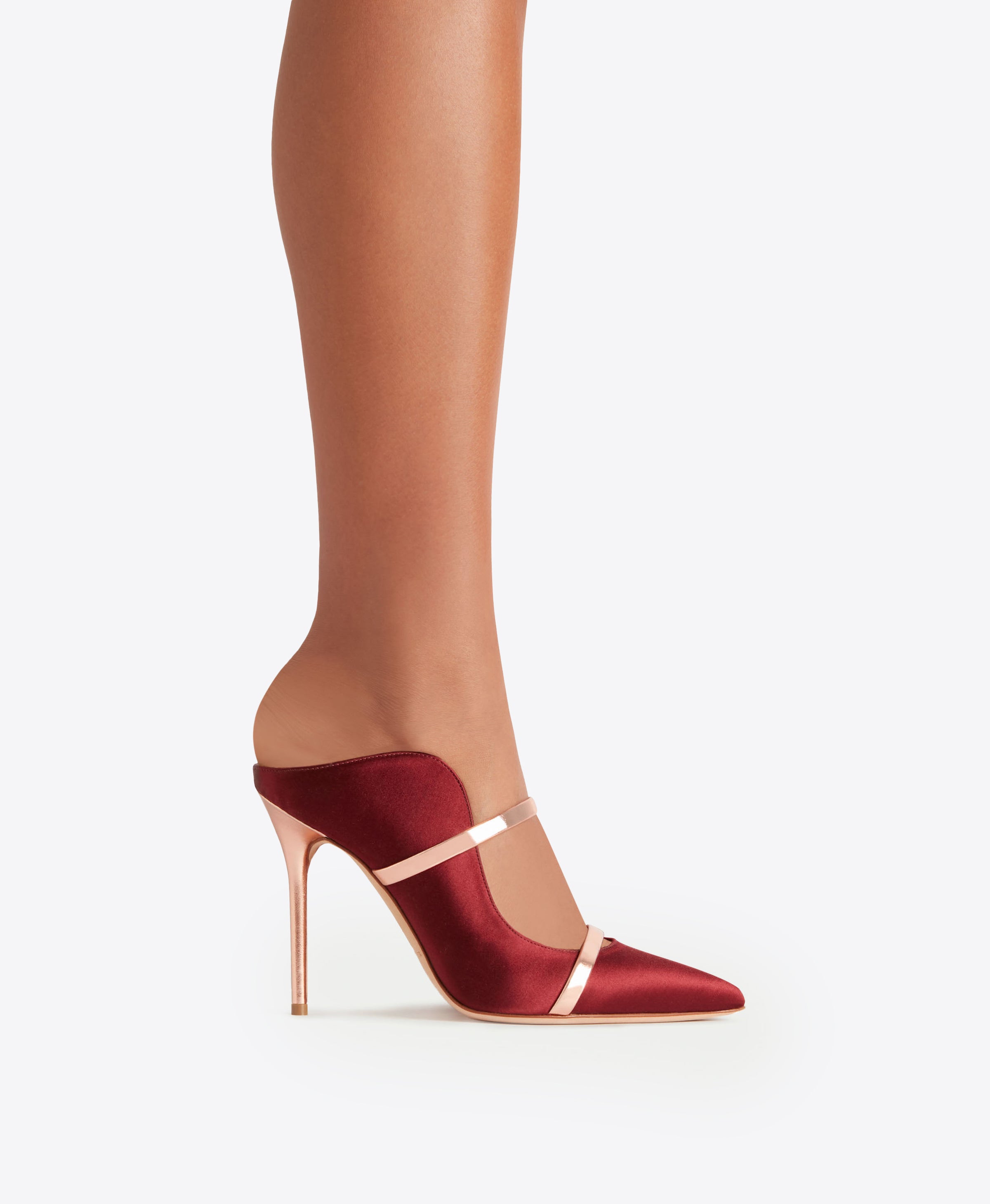 Maureen 100mm Wine Satin & Rose Gold Leather Stiletto Mules | Malone ...