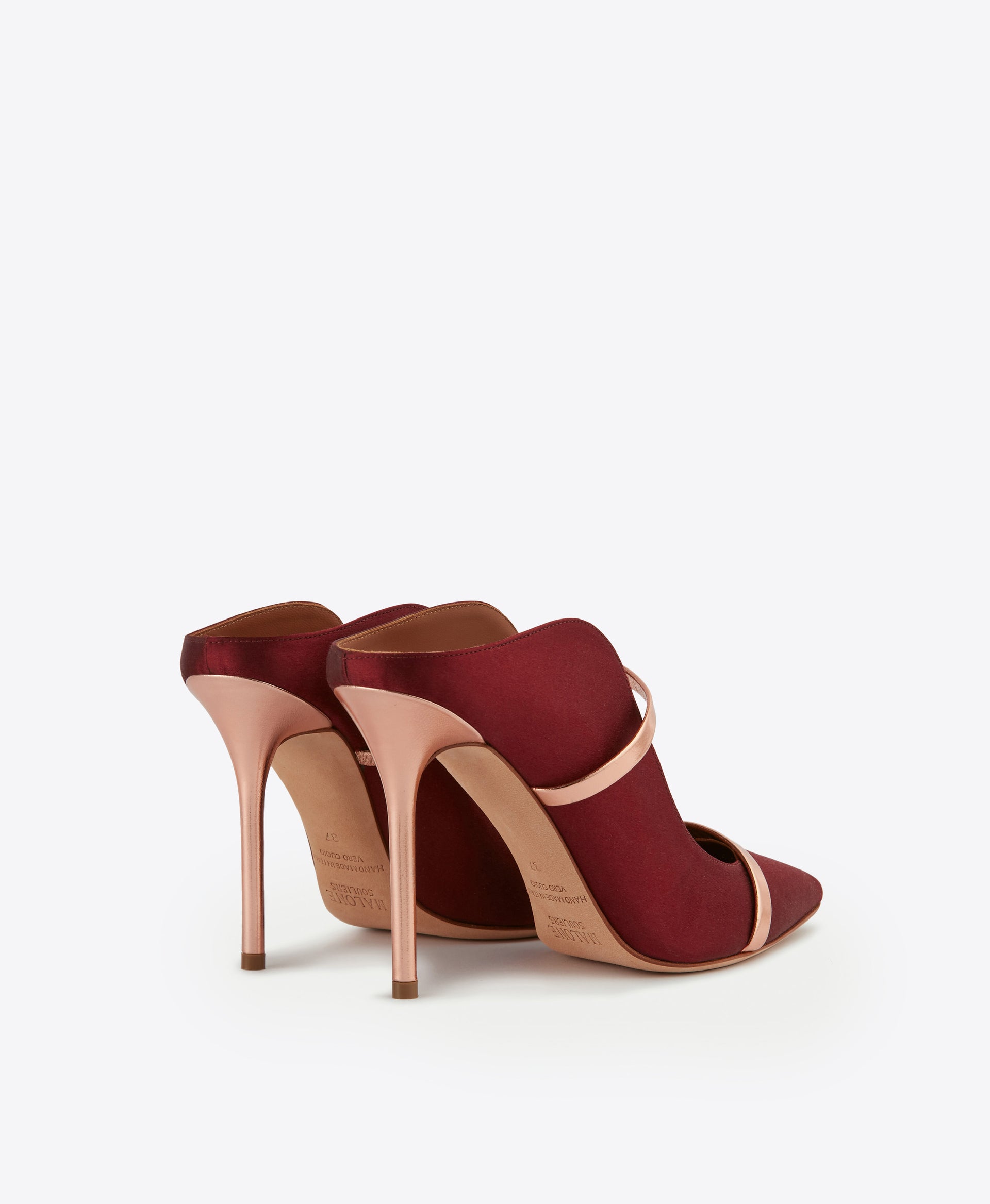 Maureen 100mm Wine Satin & Rose Gold Leather Stiletto Mules | Malone ...