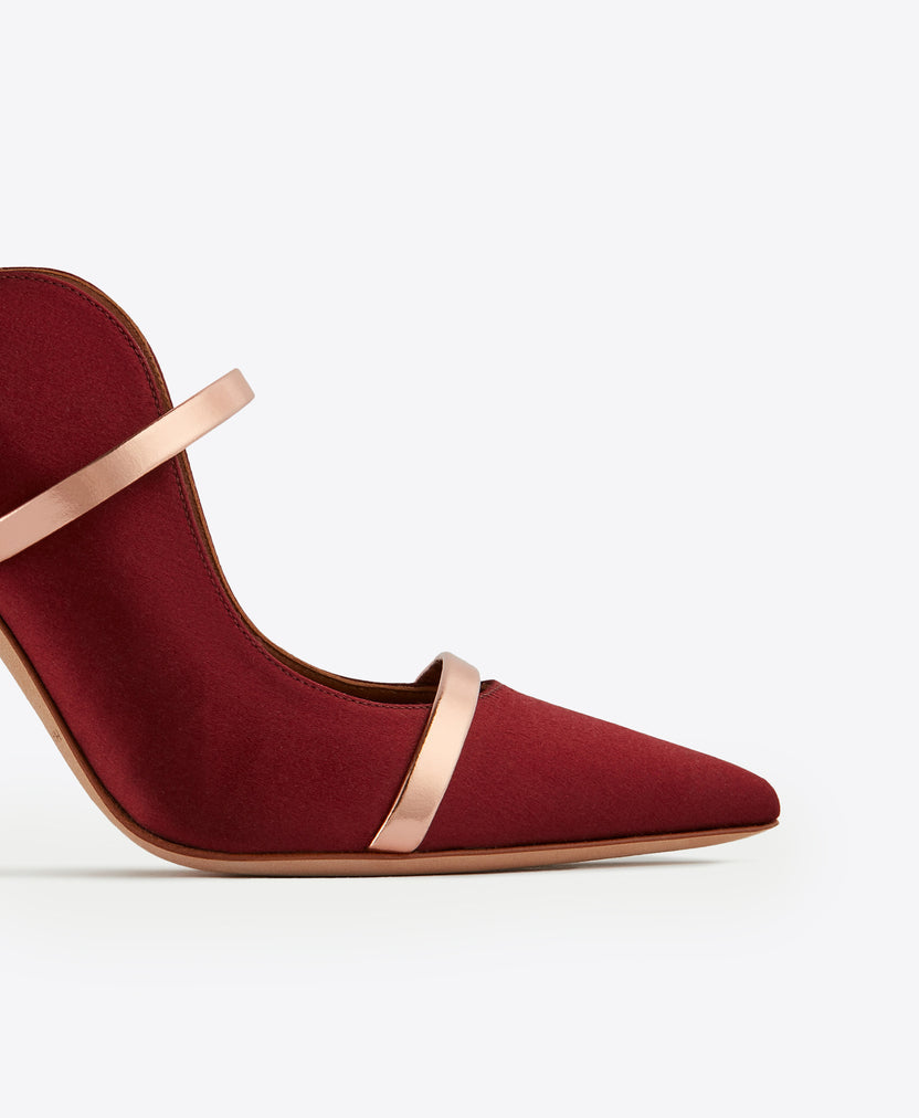 Maureen 100mm Wine Satin & Rose Gold Leather Stiletto Mules | Malone ...