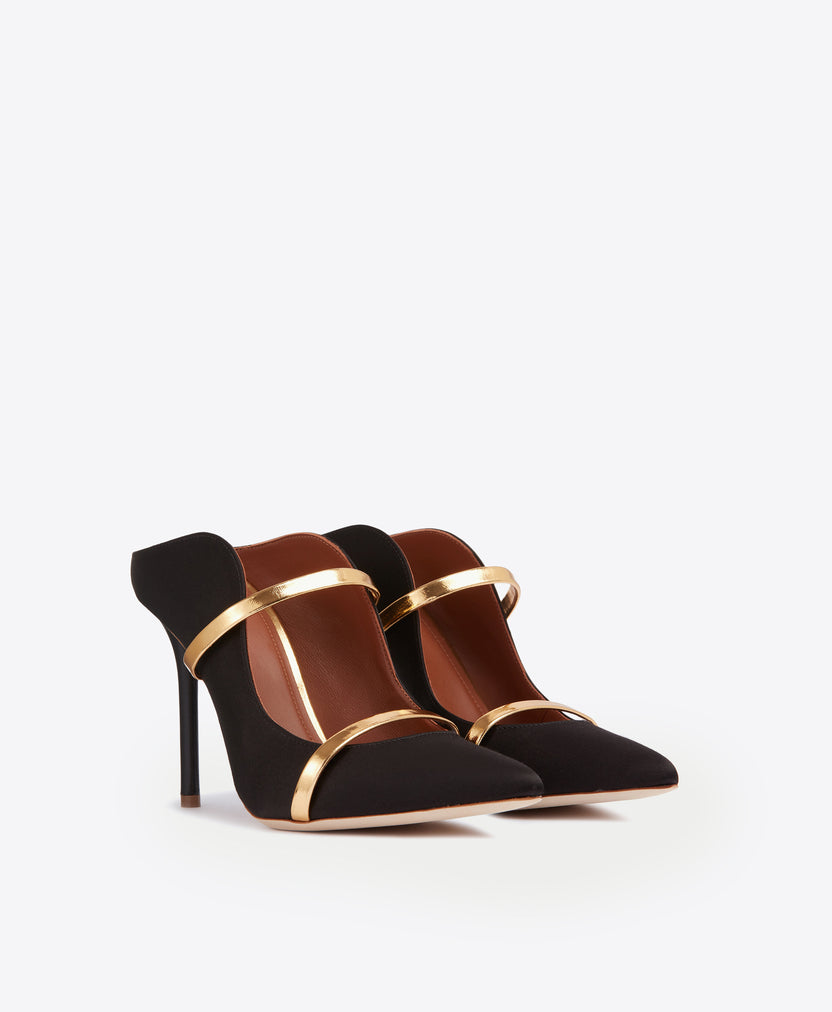 Maureen 100mm Black & Gold Satin Stiletto Heels | Malone Souliers